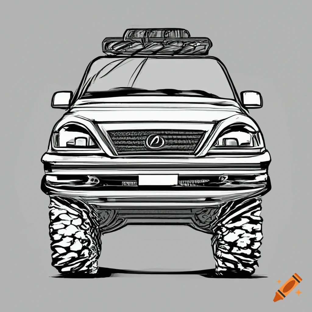 Front view of a rugged lexus gx470 suv in black and white line art on ...