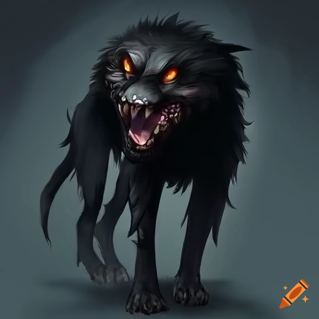 Fantasy-style angry black dogs in a full-body view on Craiyon