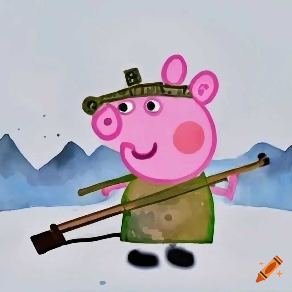 Cartoon pig in camouflage with a sniper rifle in a snowy mountain ...