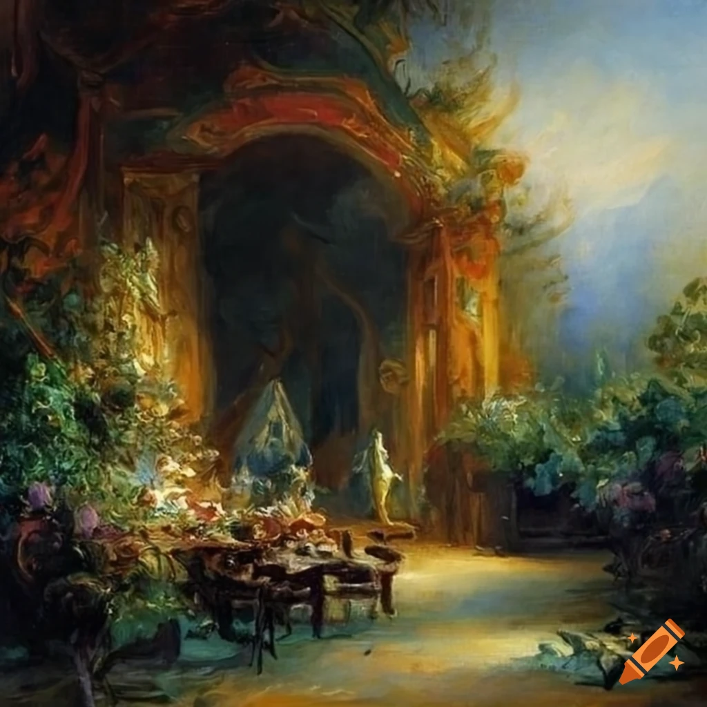 Renaissance baroque rococo painting of a dark fantasy landscape in a ...