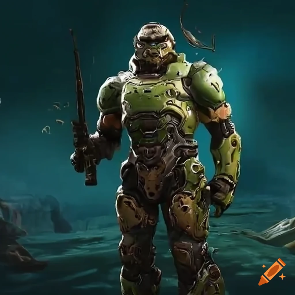 Doom slayer fishing for catfish on Craiyon