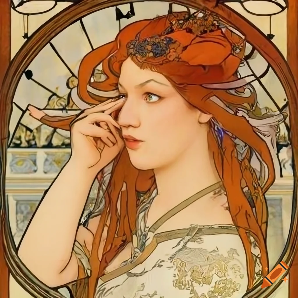 Woman with a Caucasian wolf in the style of Alphonse Mucha on Craiyon