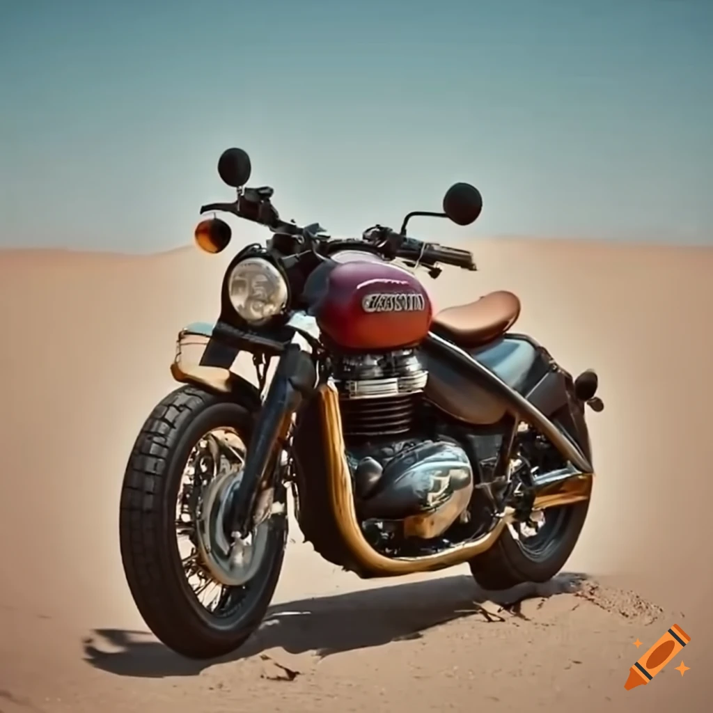Triumph bobber riding in desert at sunset on Craiyon