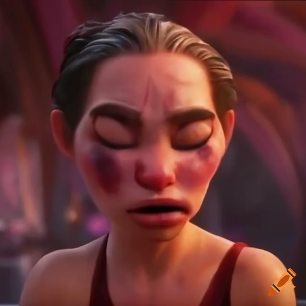 Bruised woman martial fighter dizzied with spinning head in a Disney ...