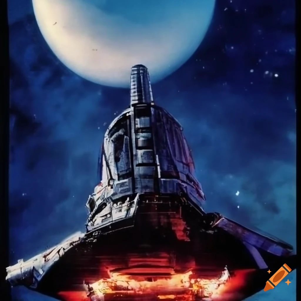 80s spaceship movie poster with a flying capital ship and whale ...