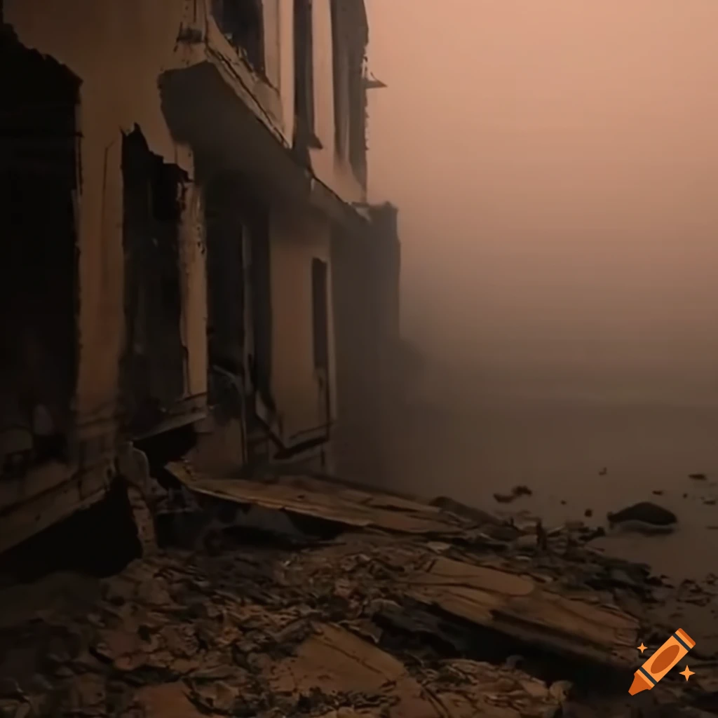 Close-up of crumbling abandoned buildings sinking into ocean in a pale ...