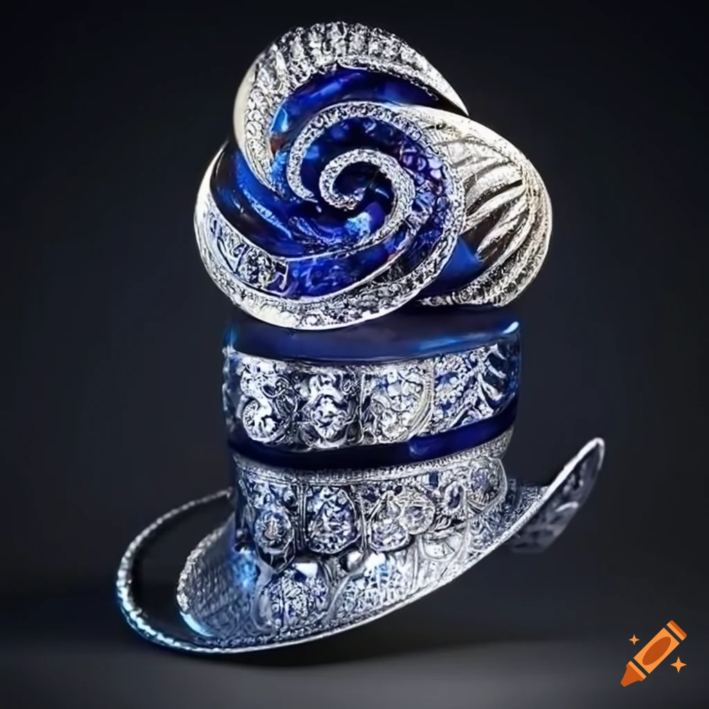 Carved sapphire top hat with platinum metallic swirls and wings ...