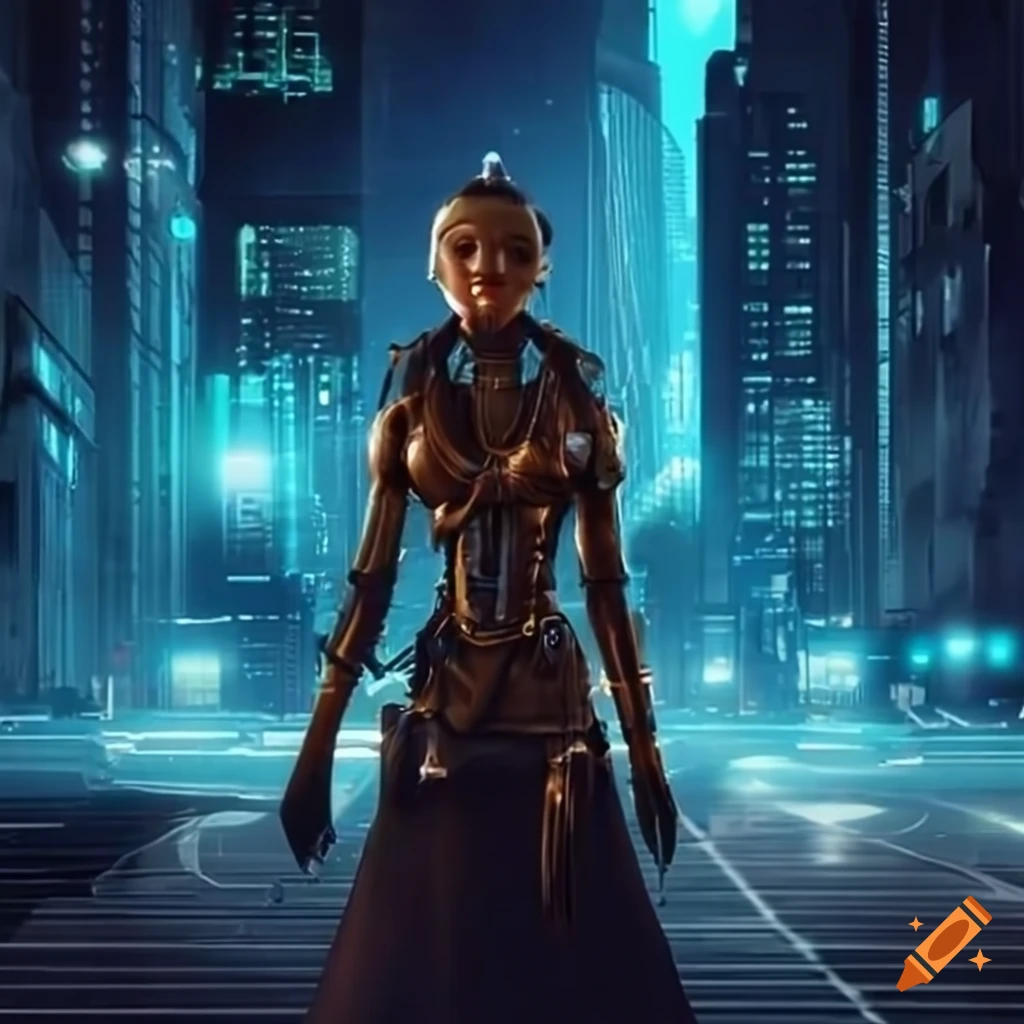 Clockwork mechanical woman walking in a sci-fi city on Craiyon