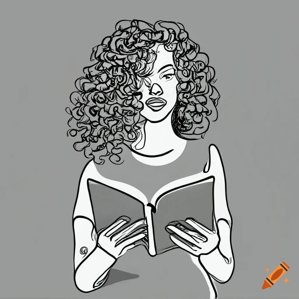 Woman with curly hair reading a book in a black and white line drawing ...