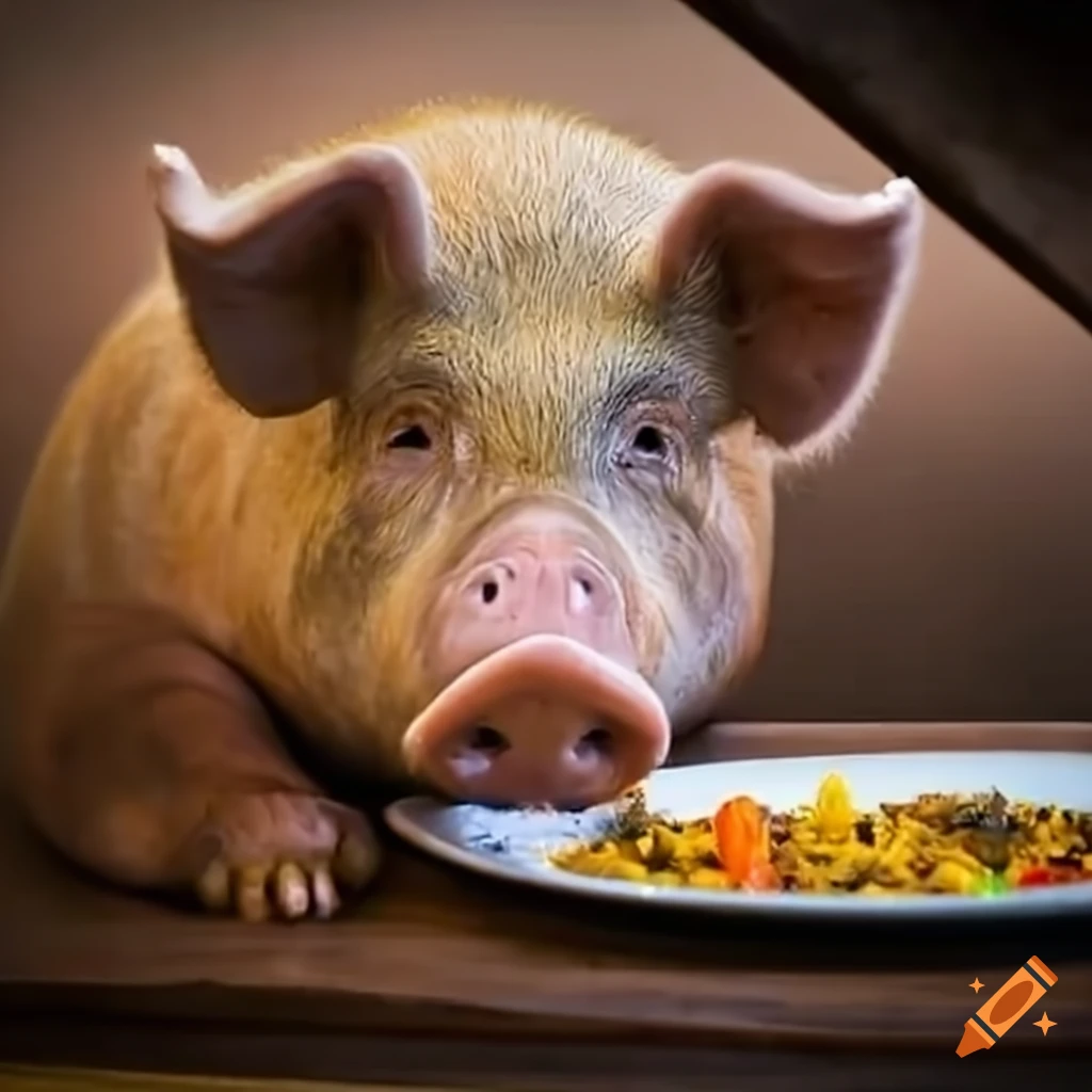Pig enjoying paella at a table on Craiyon