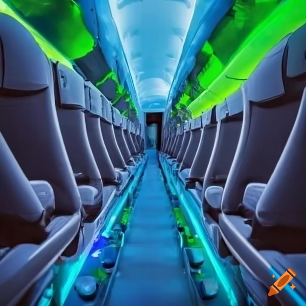 Ambient aircraft cabin with green and blue lights on Craiyon