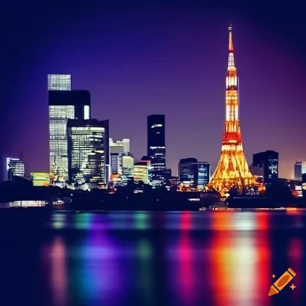 Tokyo night skyline over water on Craiyon