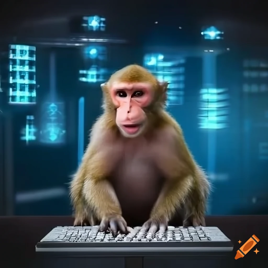 Monkey working on a computer with network switches in the background on Craiyon