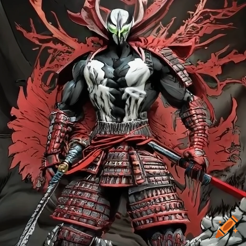 Detailed depiction of SPAWN samurai with katana in Akira style on Craiyon
