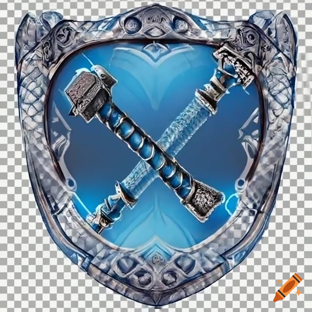 Thor's hammer in blue on a shield with transparent background on Craiyon