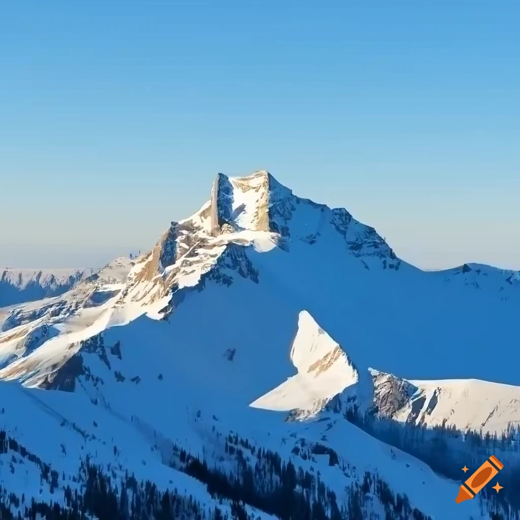 Snowy mountain peak overlooking green valley under clear blue sky on ...