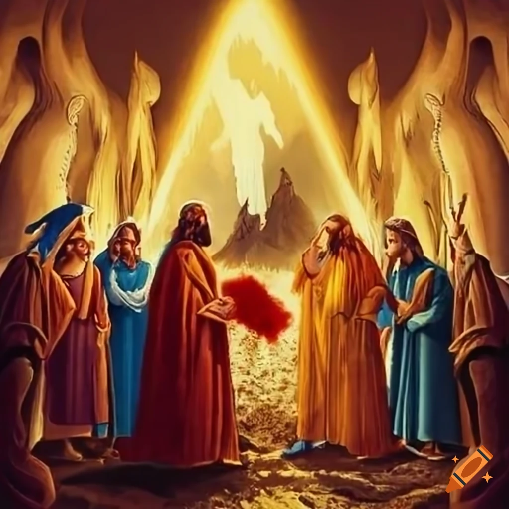 Transfiguration of Jesus on a high mountain with dazzling white clothes ...