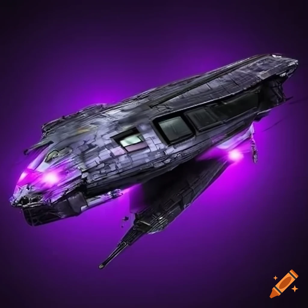Glowing purple and shiny gray spaceship in space on Craiyon