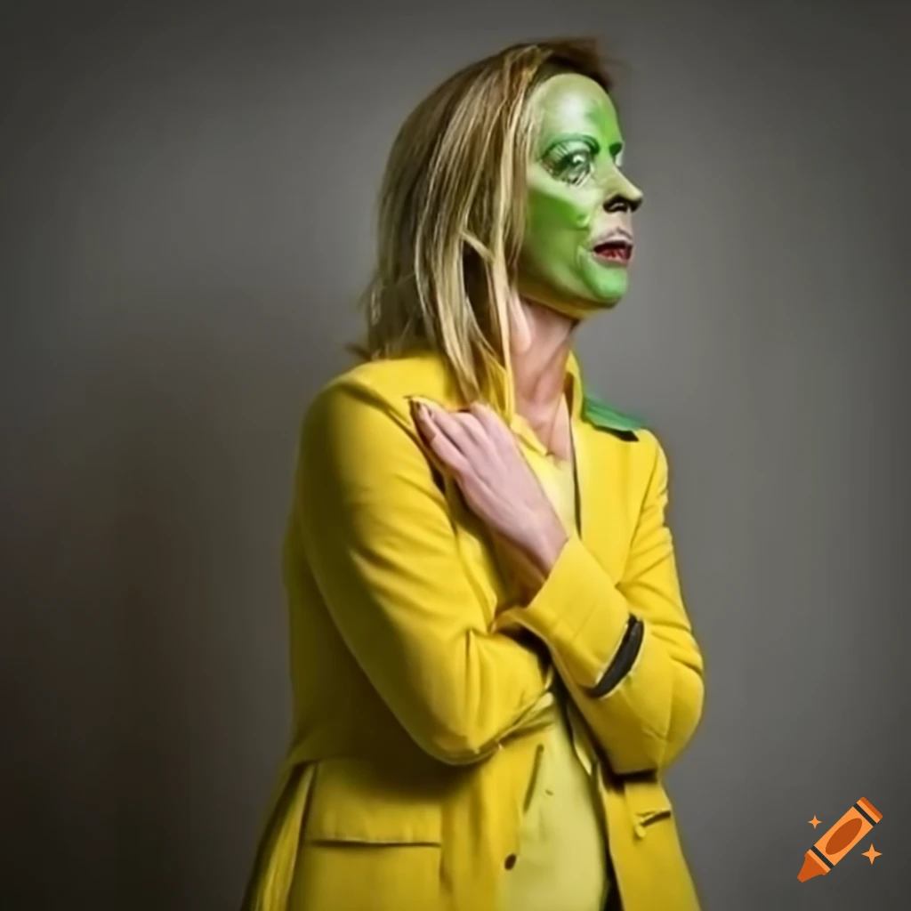 Giorgia meloni wearing a yellow suit with her face painted green on Craiyon
