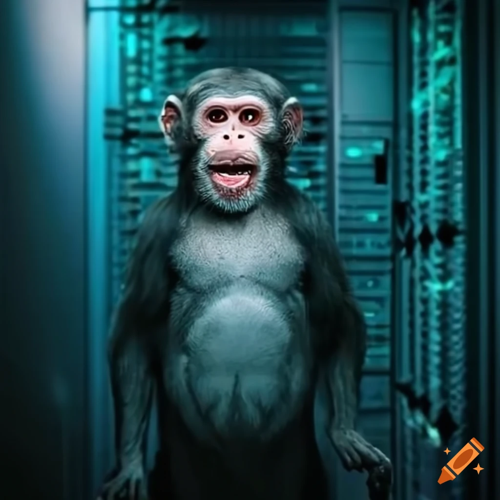 Monkey with a wrench in a data center on Craiyon