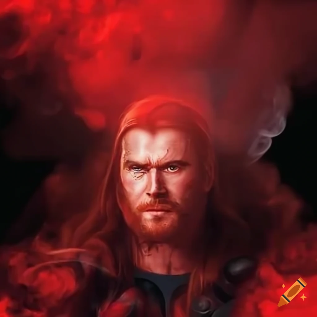 Thor with red and black smoke background on Craiyon