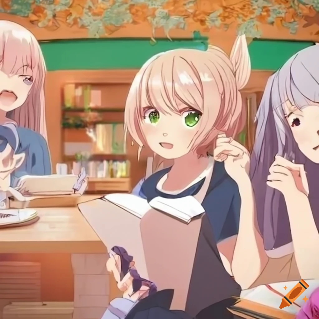 Cheerful anime girls studying together with books in a flowering ...