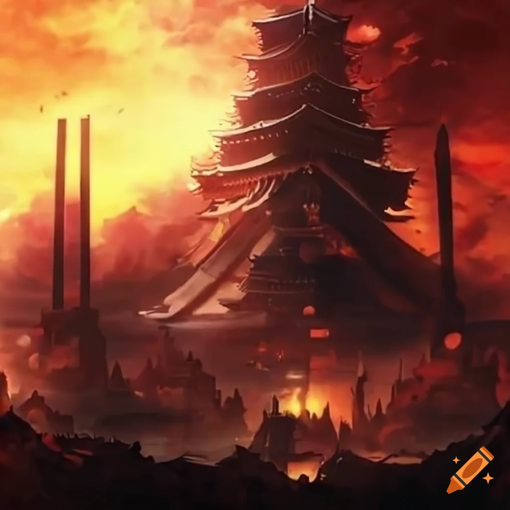 Cinematic anime temple under attack on Craiyon
