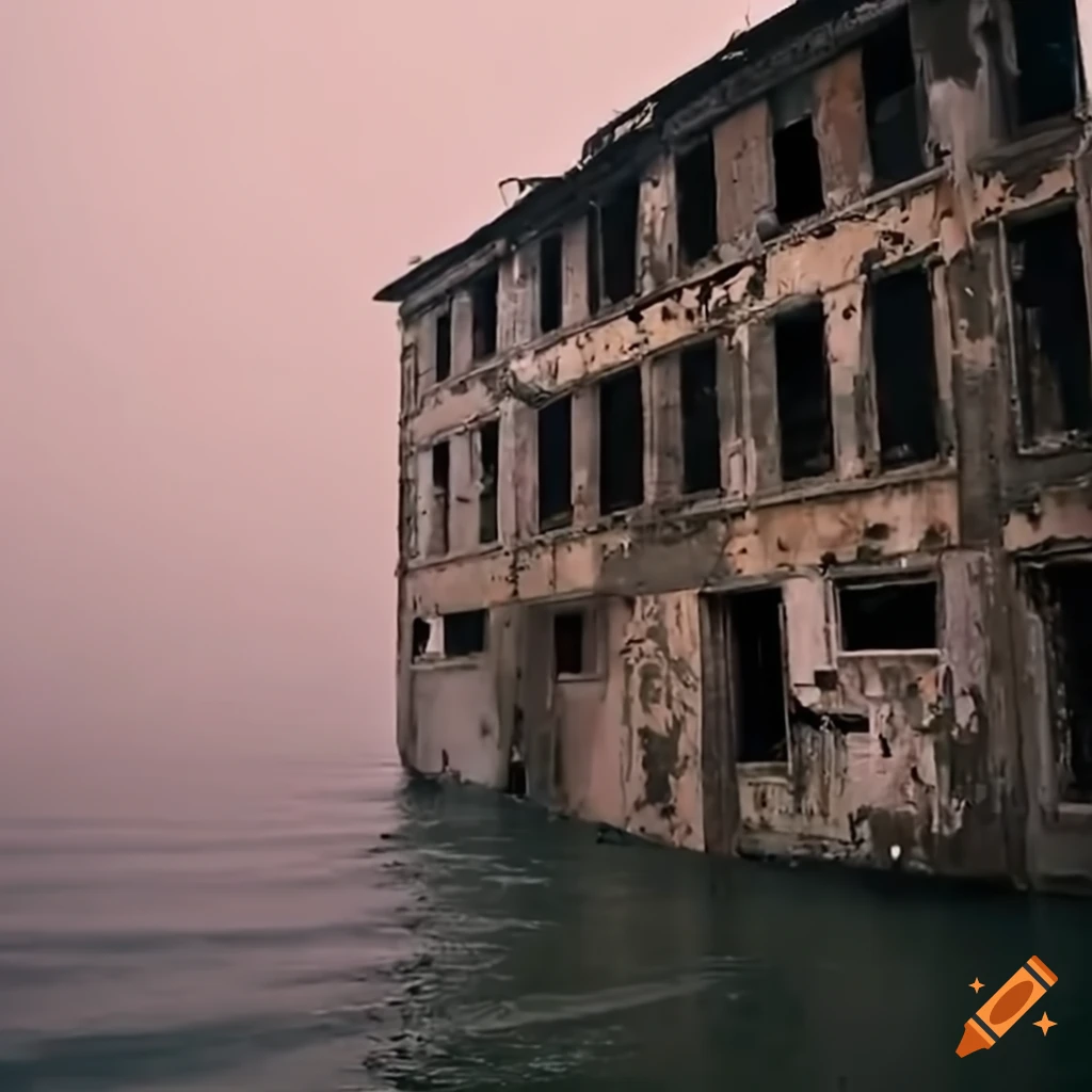 Crumbling abandoned buildings sinking into ocean in a pale orange fog ...