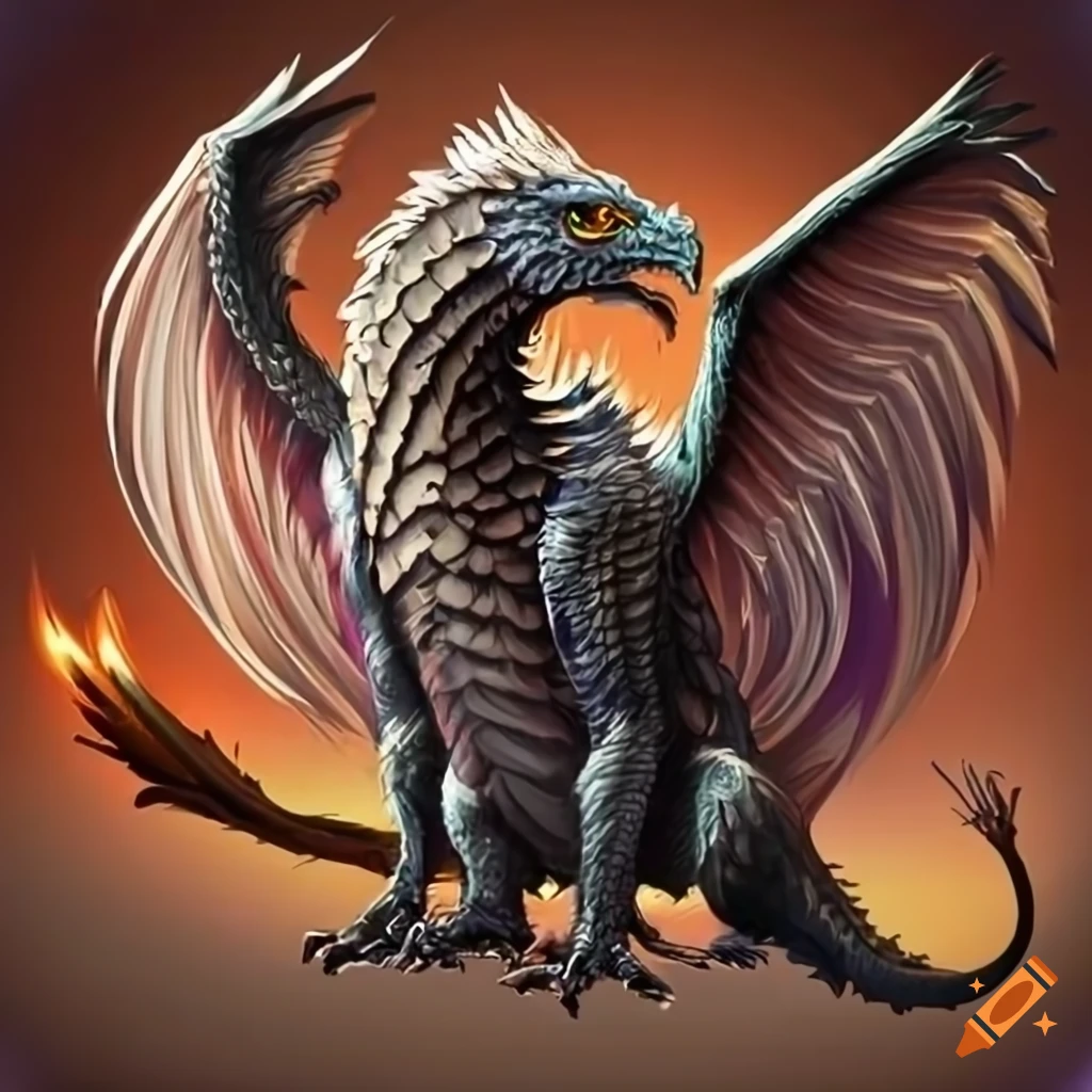 Mythical dragon with an eagle's head and feathered wings on Craiyon