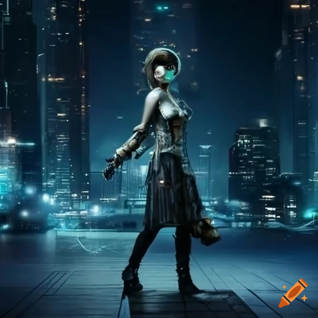 Clockwork mechanical woman walking in a sci-fi city on Craiyon