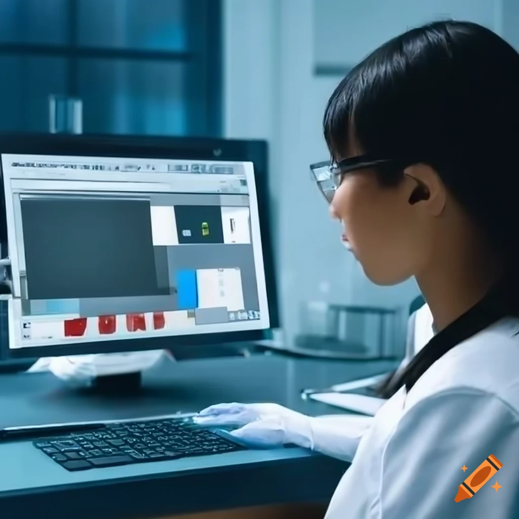 Young scientist at computer surrounded by modern laboratory equipment ...