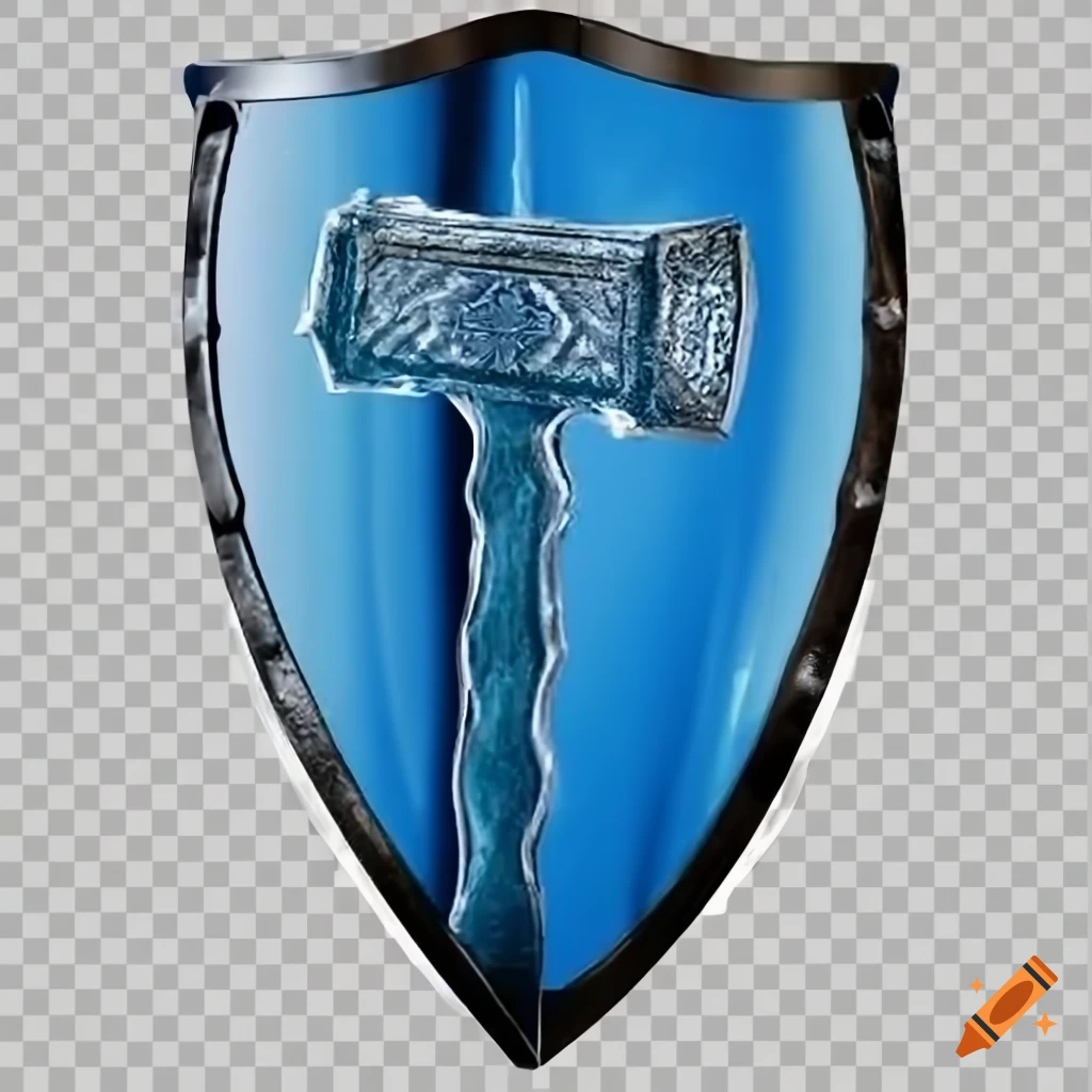 Thor's hammer in blue on a shield with transparent background on Craiyon