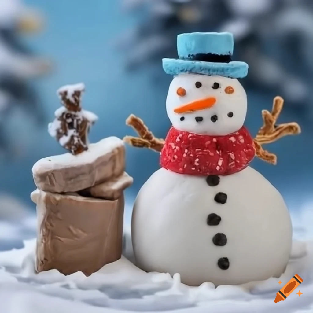 Clay snowman in a wintery diorama on Craiyon