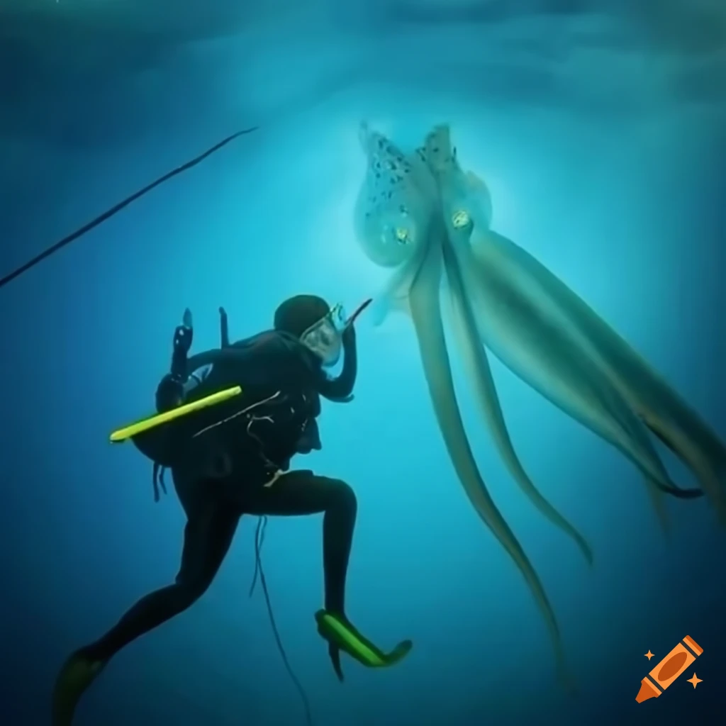 Scuba diver spearing a giant squid underwater on Craiyon
