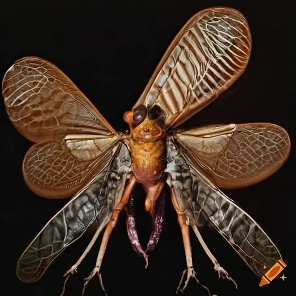 Monstrous cicada standing with raised claws and open membranous wings ...