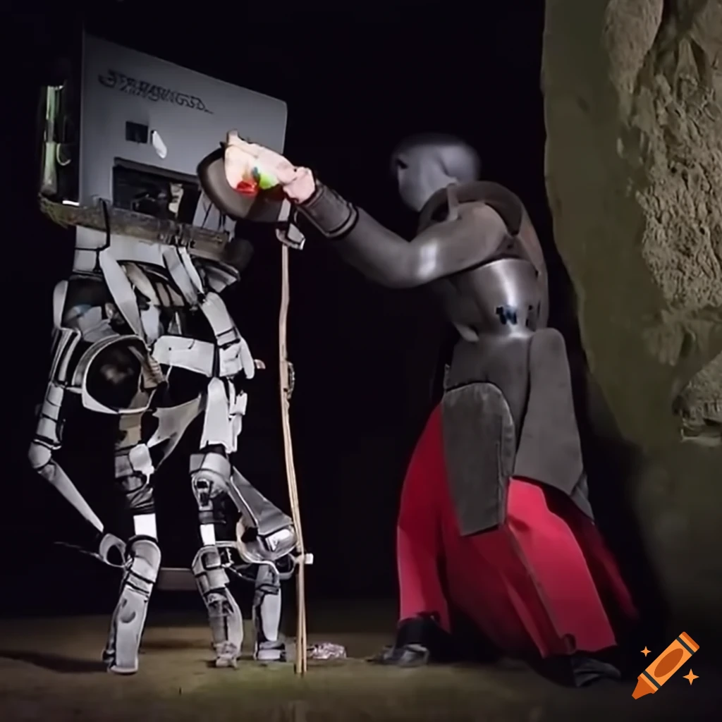 Robot ninja battling vampire tape recorder at stonehenge on Craiyon