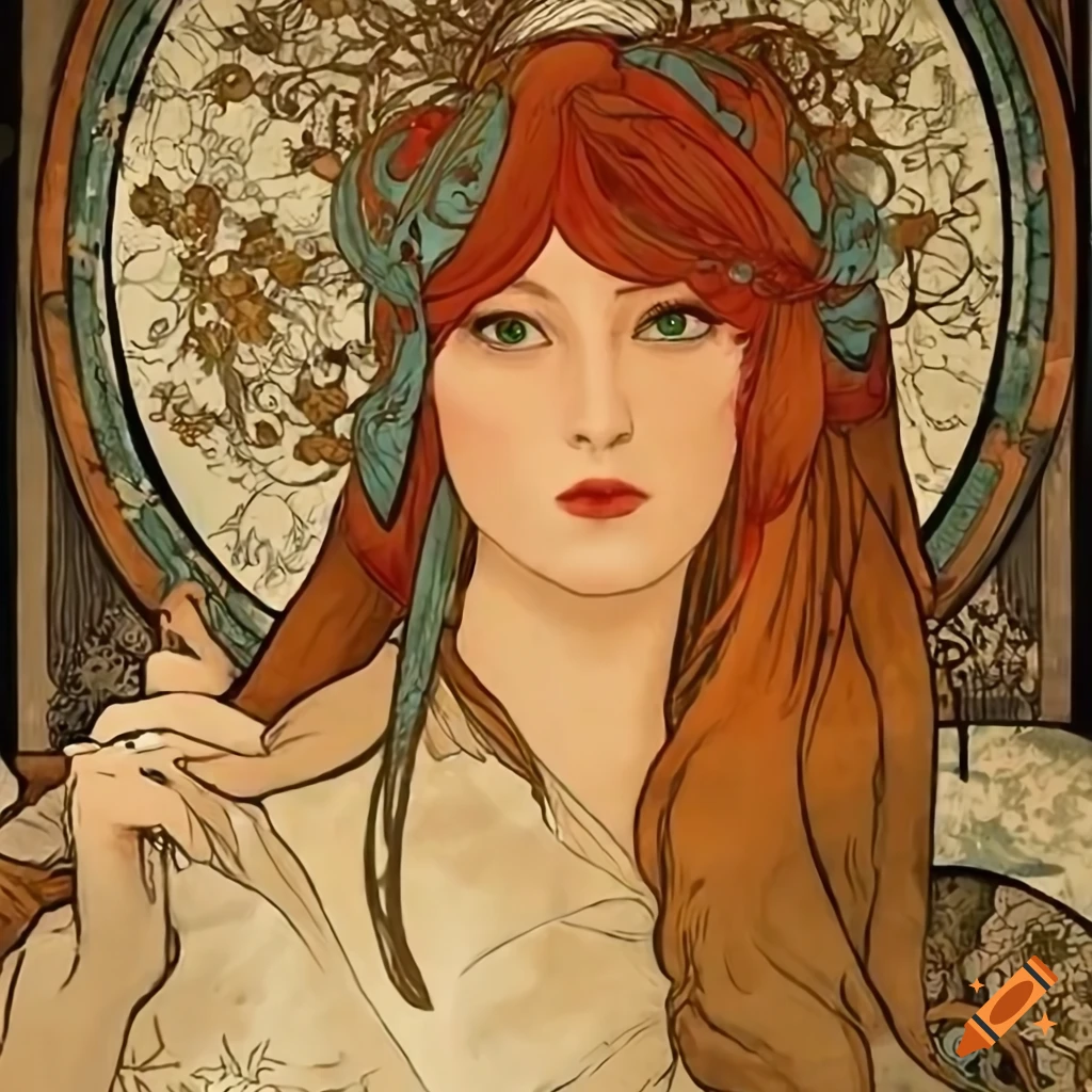 Woman with chechen wolf in the style of alphonse mucha on Craiyon