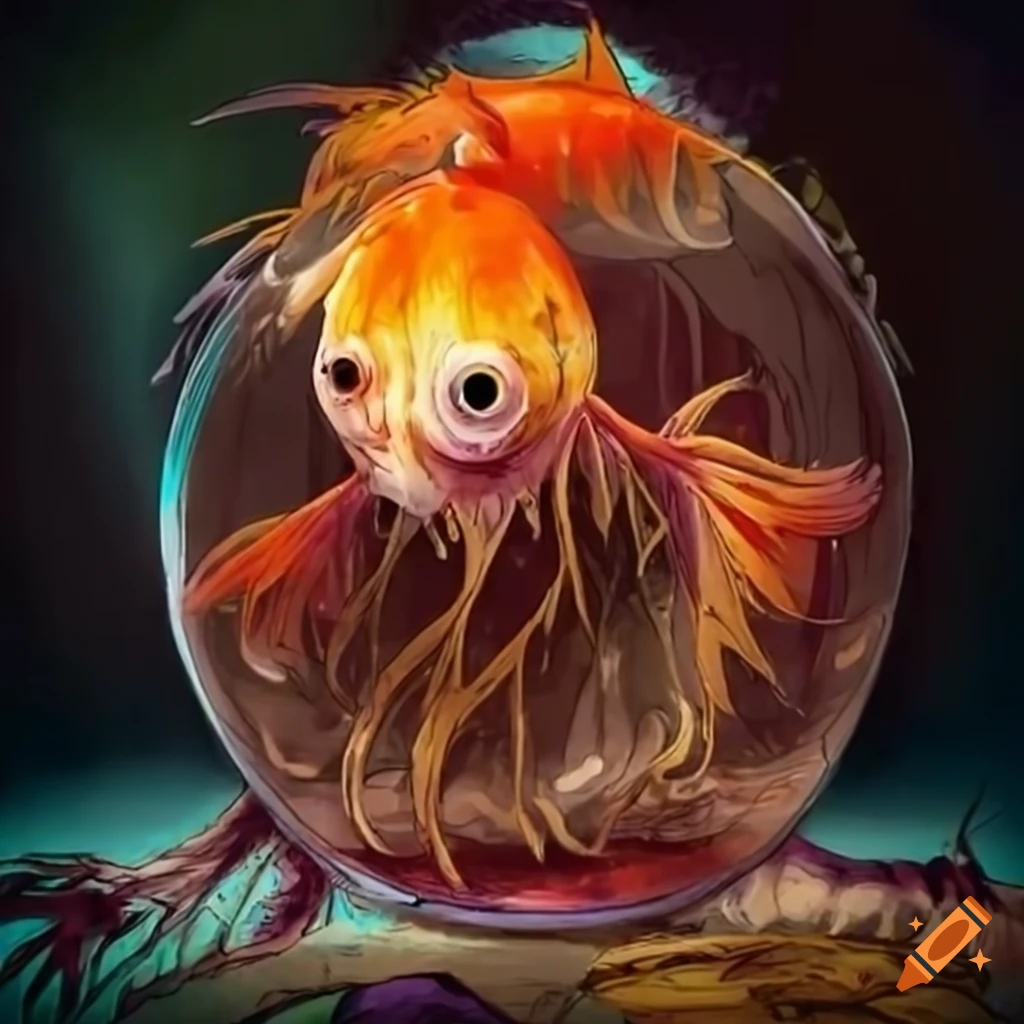 Decrepit humanoid creature with goldfish bowl head consuming alcohol on ...