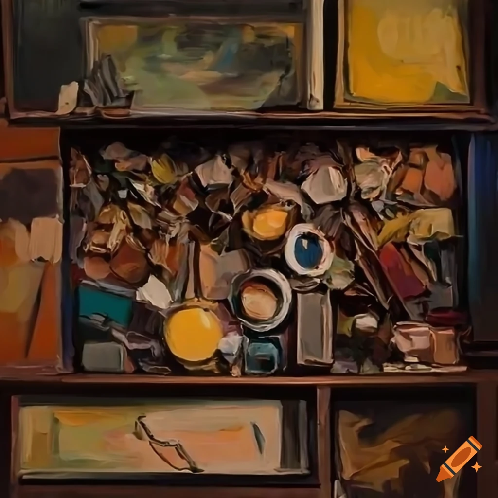 Impressionist painting of cluttered junk drawer from above on Craiyon