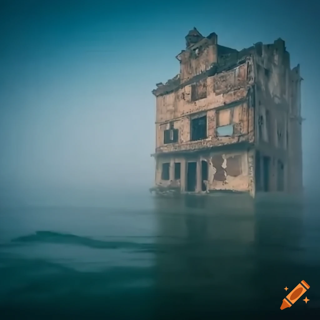 Close-up of crumbling abandoned buildings sinking into ocean in a pale ...