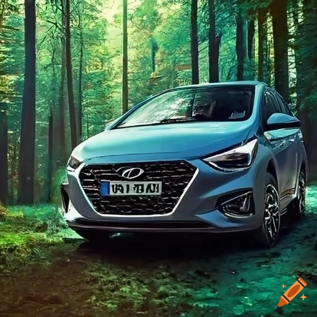Hyundai verna car in the middle of the forest on Craiyon
