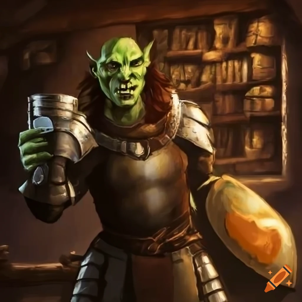 Half orc paladin in medieval armor with a shield at a fantasy tavern on ...