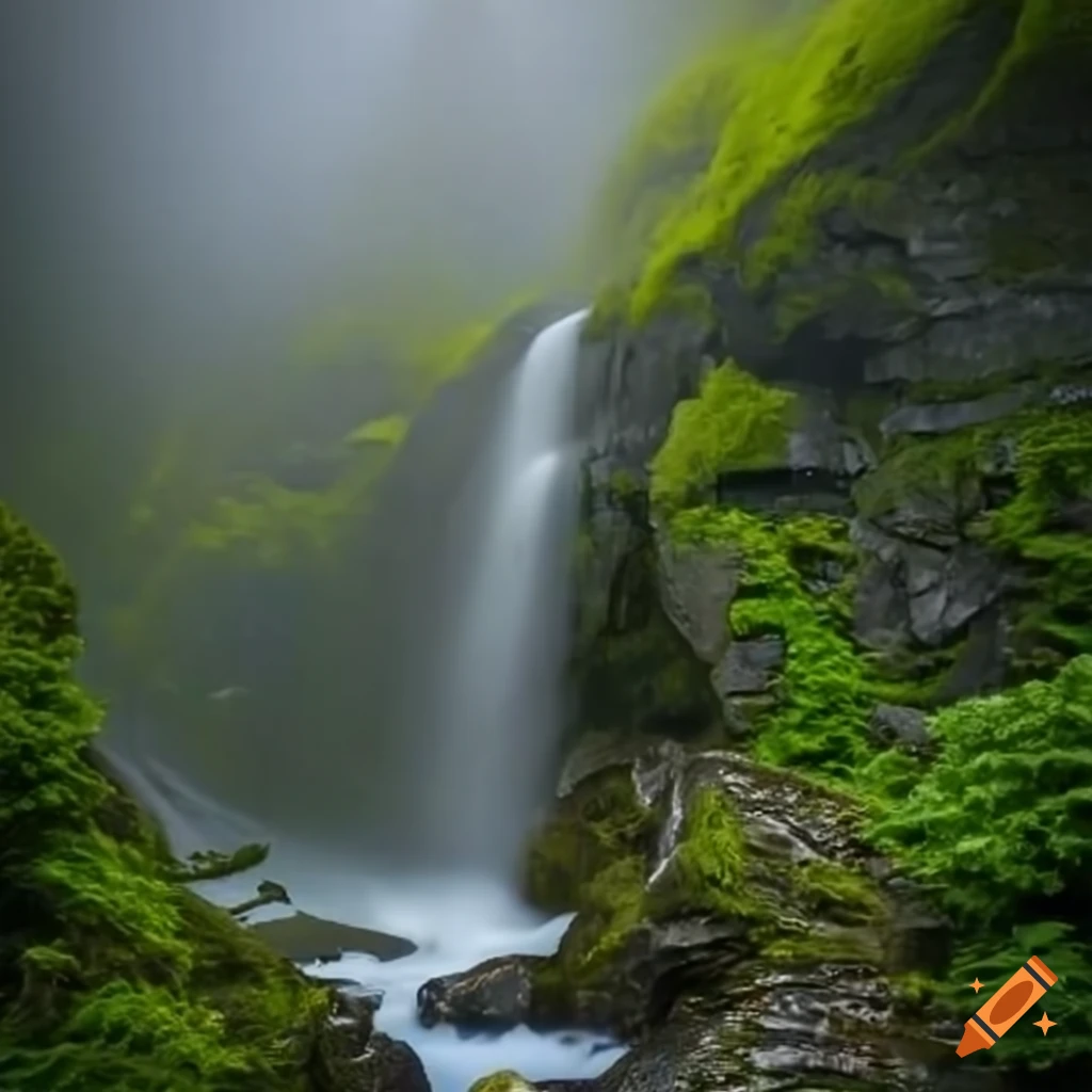 Waterfall mist flowers hut on Craiyon
