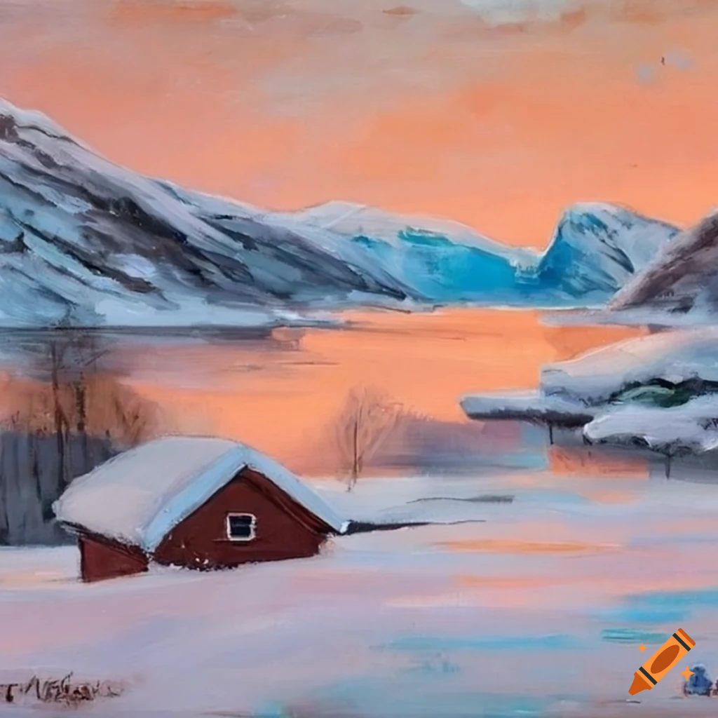 Winter landscape of norway with house in oil painting on Craiyon