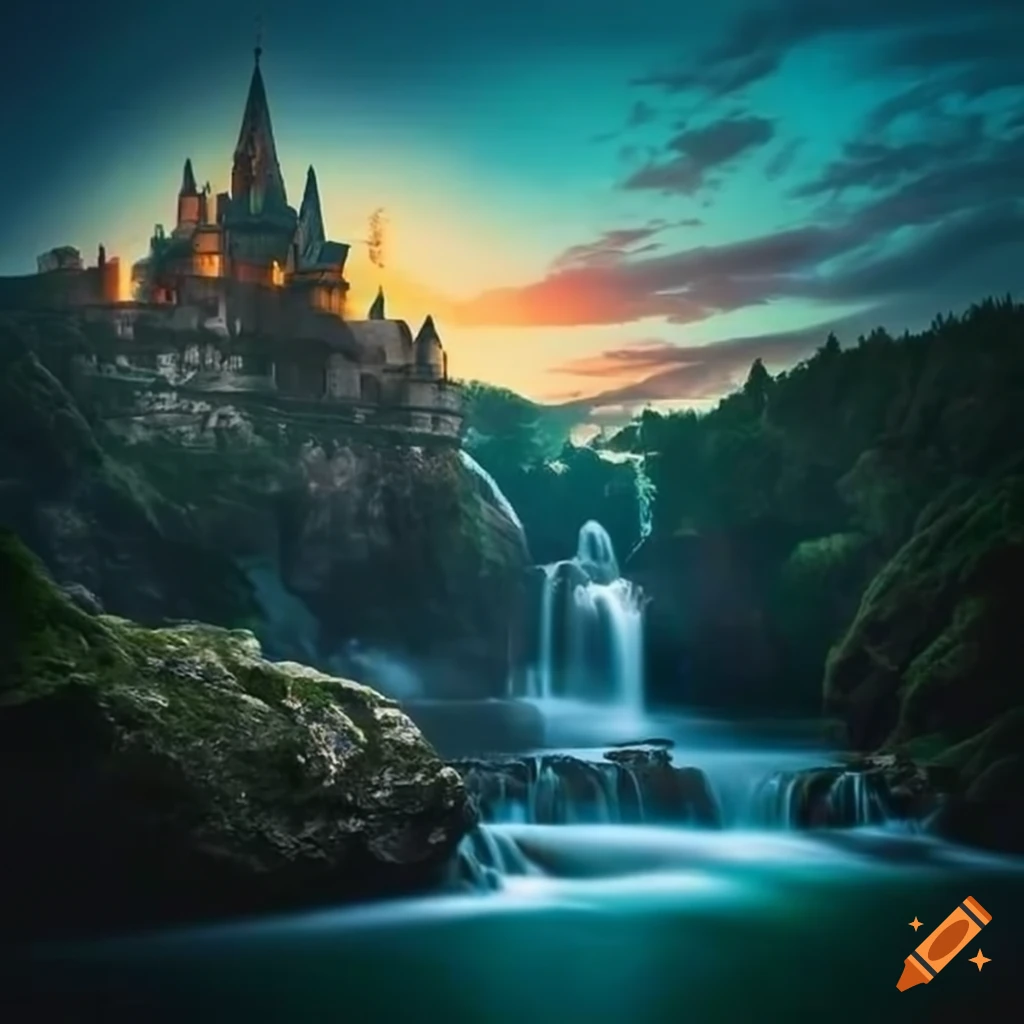 Grand and mystical castle on a cliff overlooking crystal clear waterfalls on Craiyon