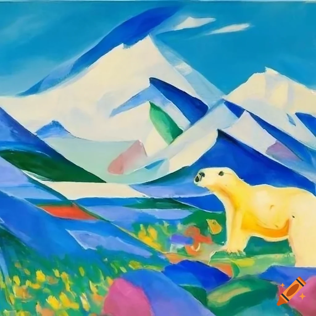Franz marc style flower field with polar bears enjoying coffee in the ...