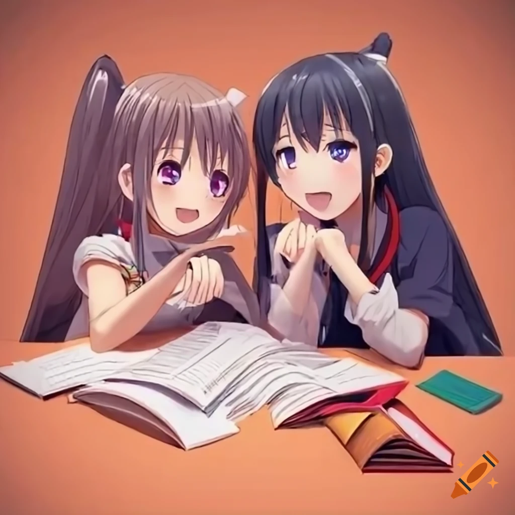 Group of cheerful anime girls studying in mit university library on Craiyon