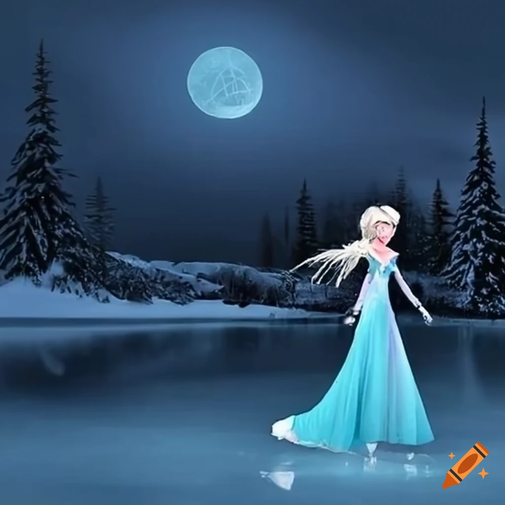 Eric northman ice skating with elsa on an ice lake at midnight on Craiyon