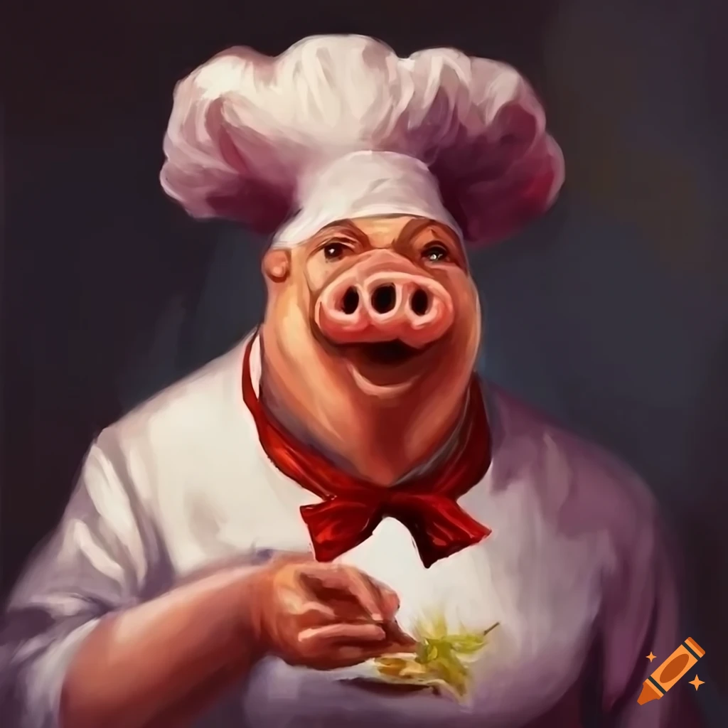 Pig chef with chef hat in an oil painting style on Craiyon
