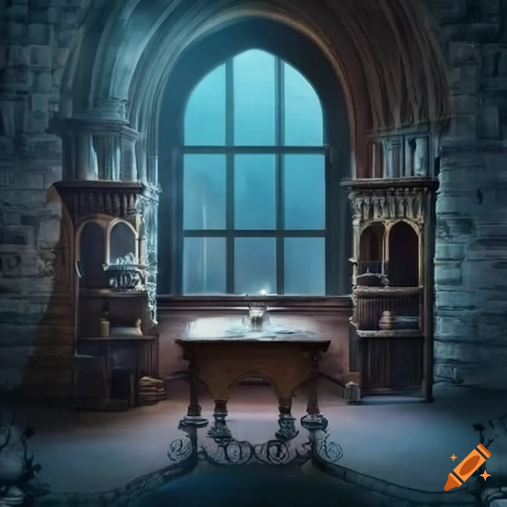 Grand study in an old castle with towering shelves and a big window at ...